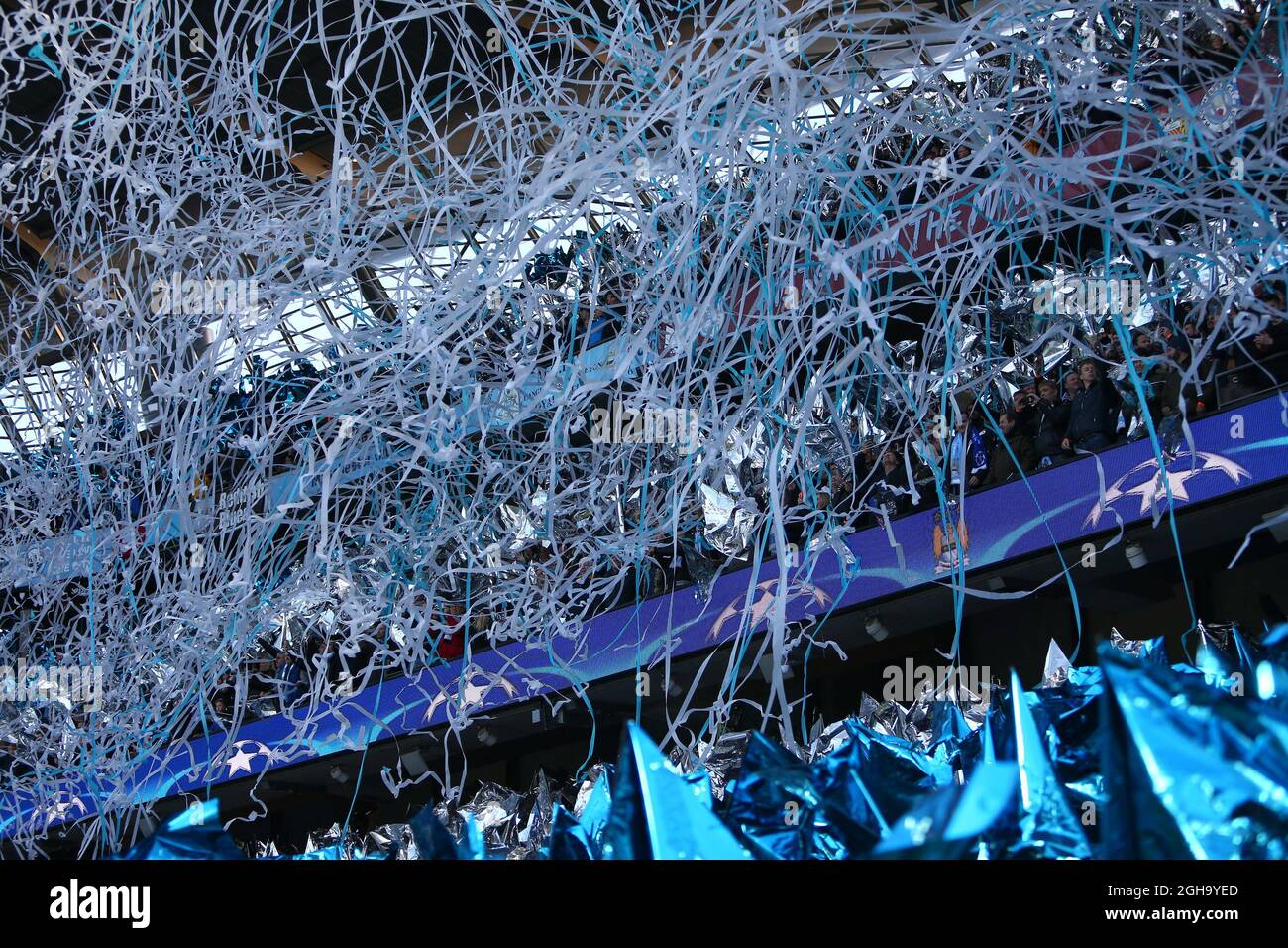 Streamers fly through the air during the UEFA Champions League Semi ...