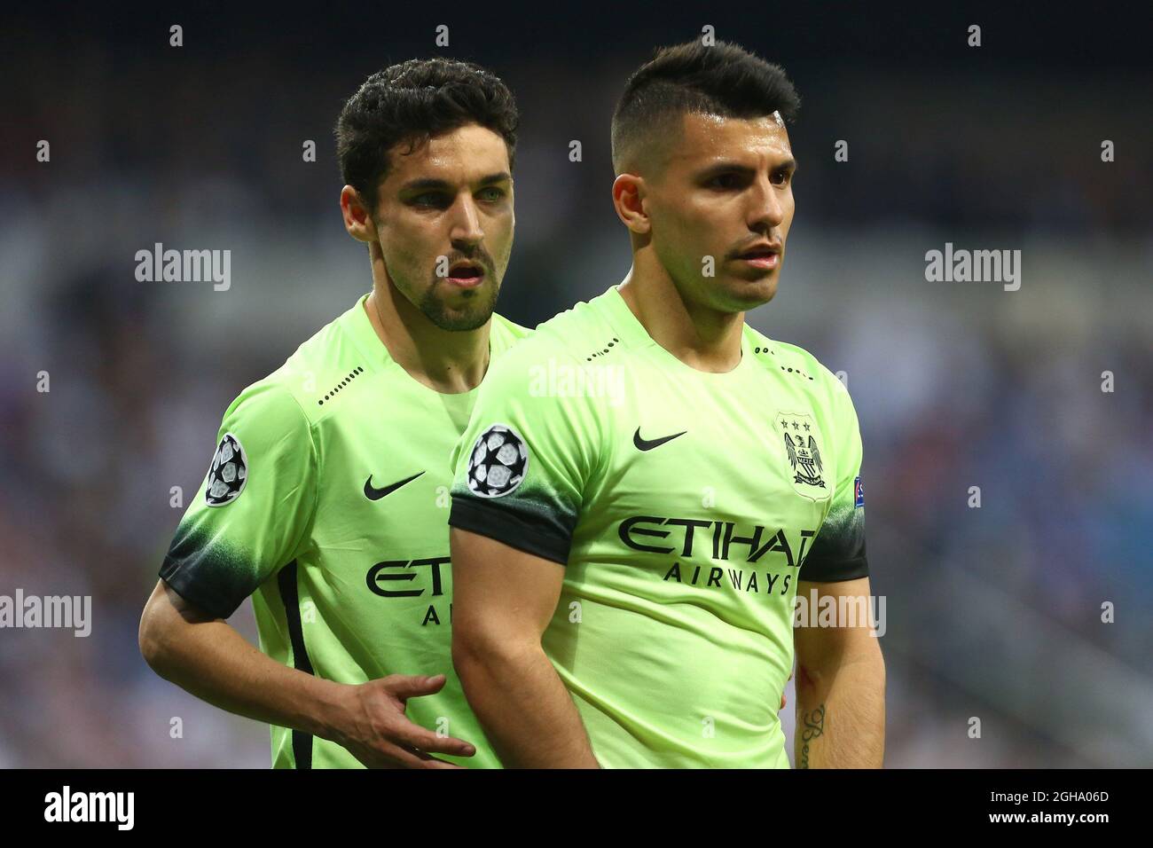 Jesus Navas and Sergio Aguero of Manchester City during the UEFA ...