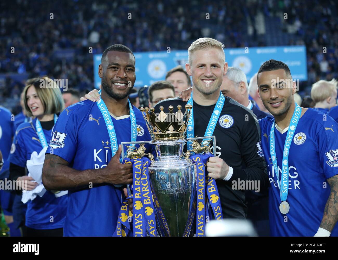 Leicester's Wes Morgan, Kasper Schmeichel and Danny Simpson celebrate ...