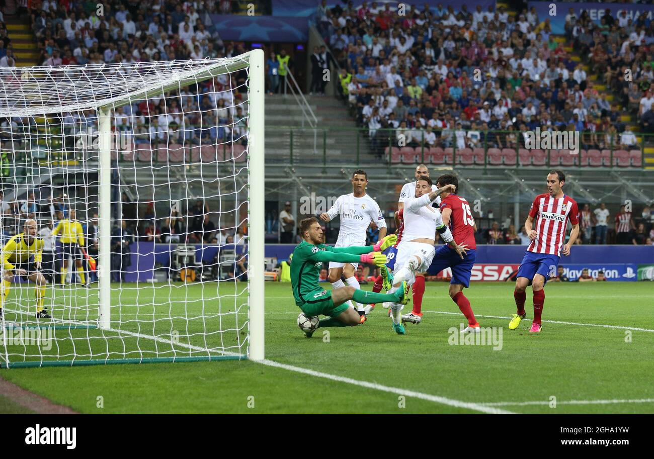 Sergio Ramos of Real Madrid scoring the first goal past Jan Oblak of ...