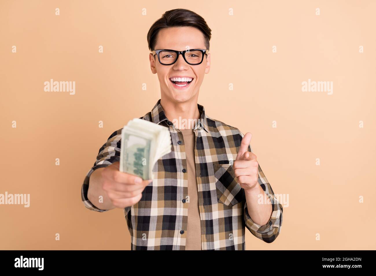 Photo of charismatic rich guy give pile cash direct finger you wear ...