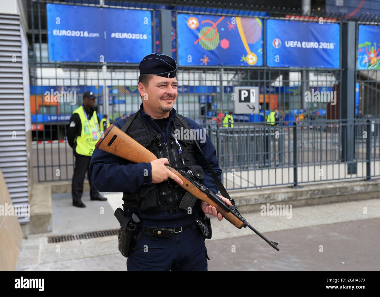 Armed Police patrol the stadium before the UEFA European Championship ...