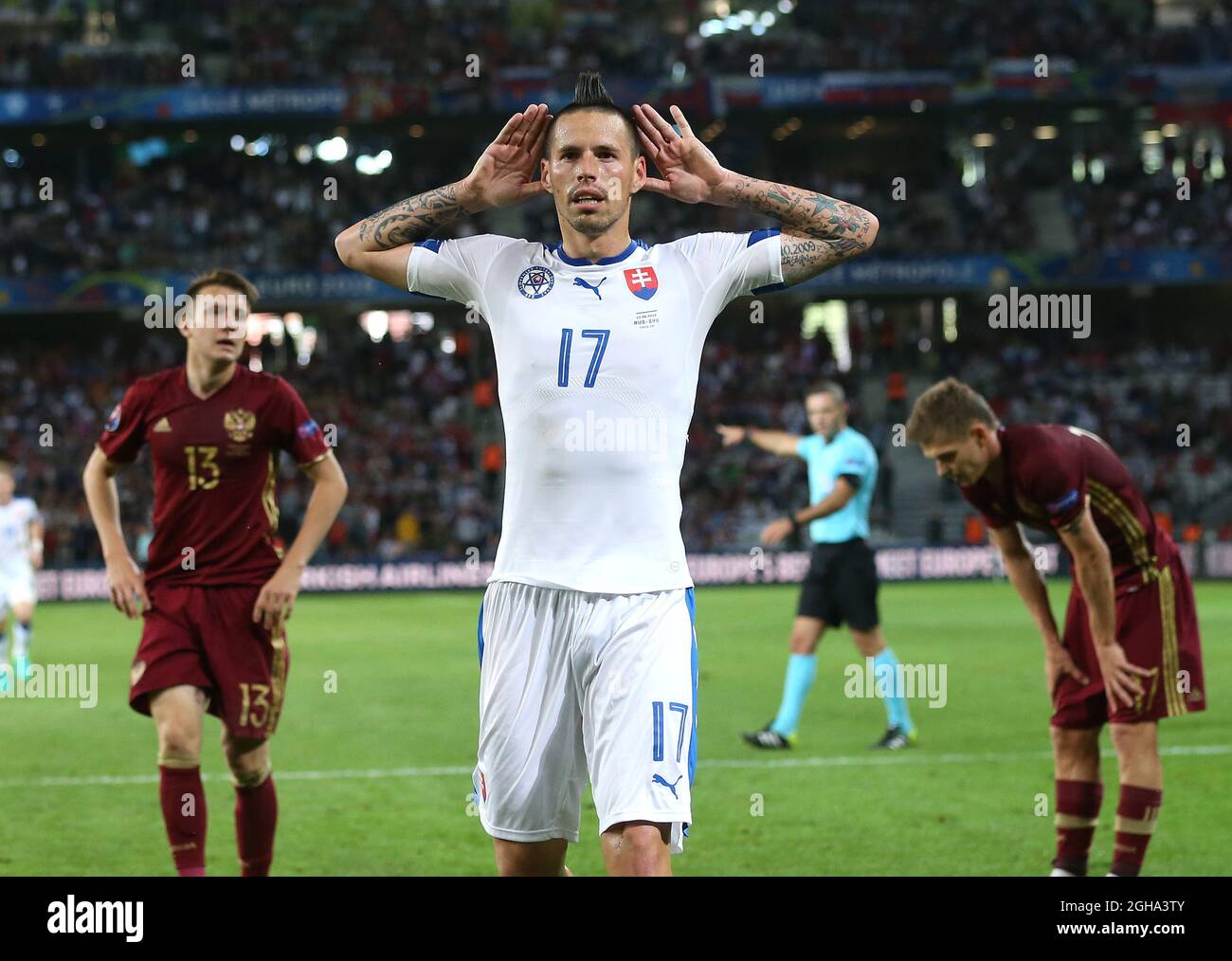 Marek Hamsik of Slovakia celebrates their second goal during the UEFA ...
