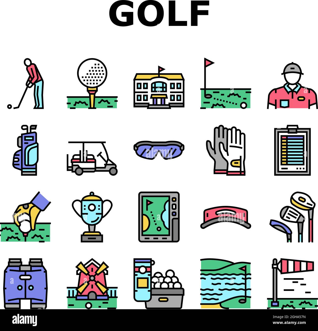 Golf Sportive Game On Playground Icons Set Vector Stock Vector Image ...