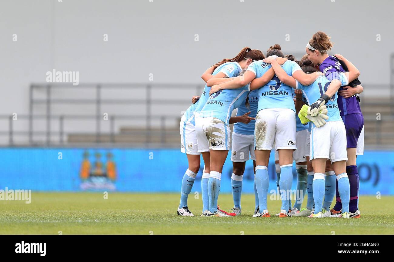 Manchester City Women huddle during the WSL match at The Academy ...