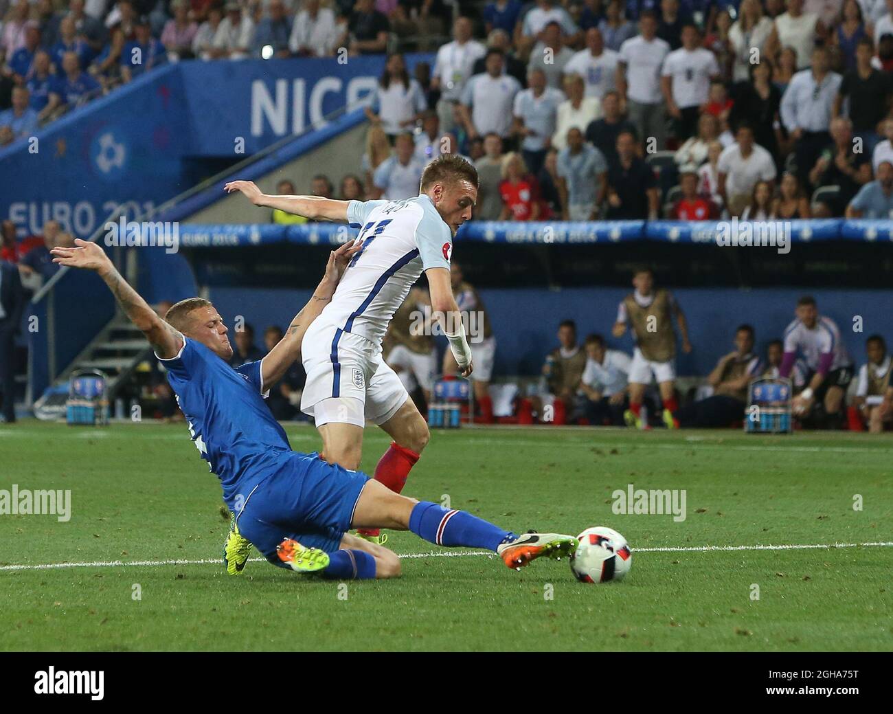 Jamie Vardy of England tackled by Sverrir Ingason of Iceland during the ...