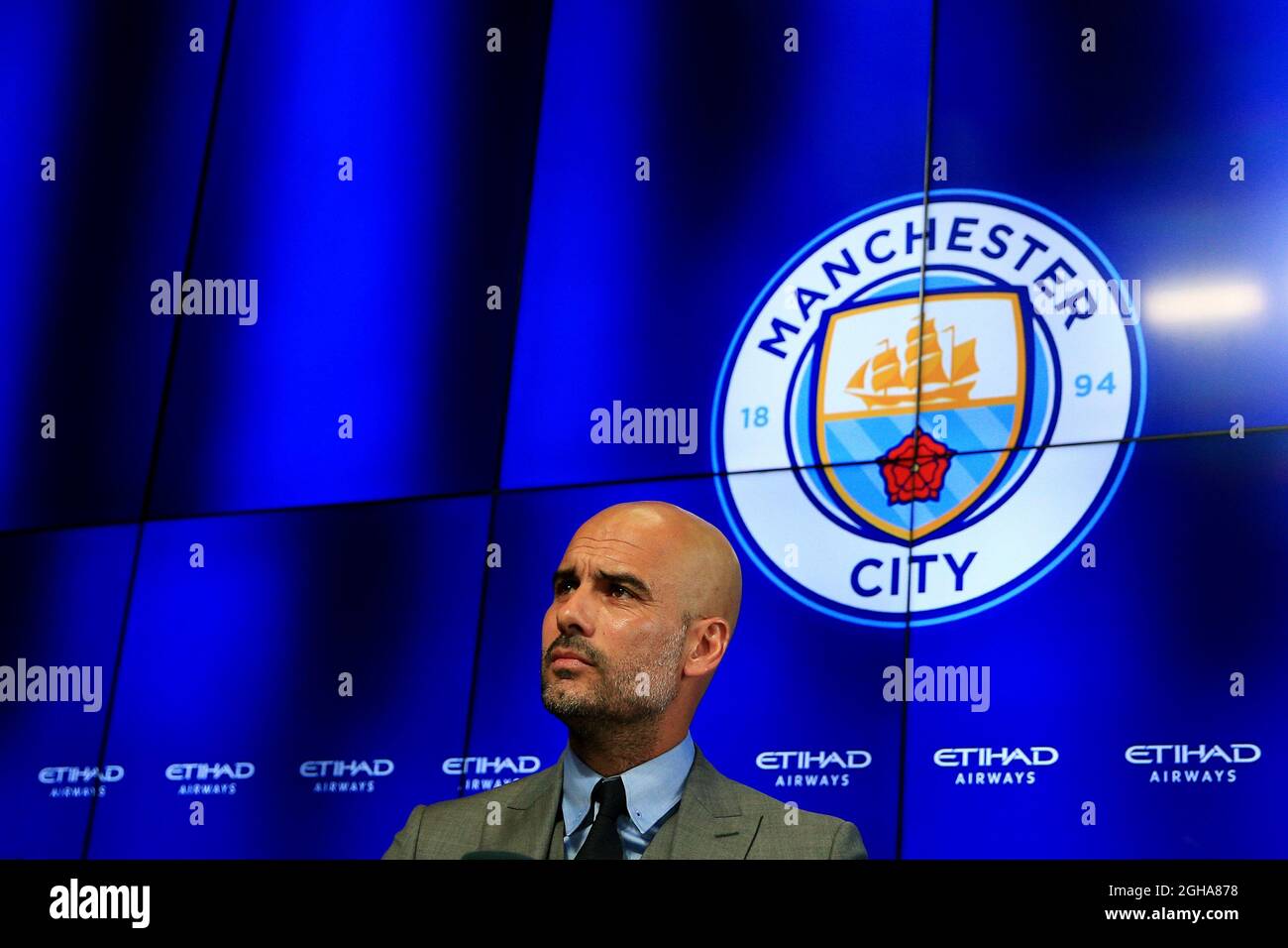 Pep Guardiola during the Manchester City press conference at the Etihad ...