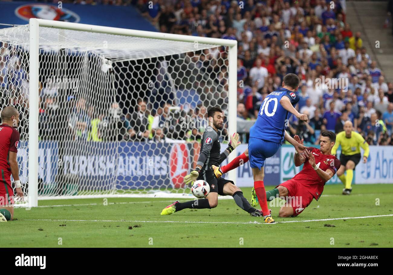 Andre Pierre Gignac of France shoots and hits the post in the last ...