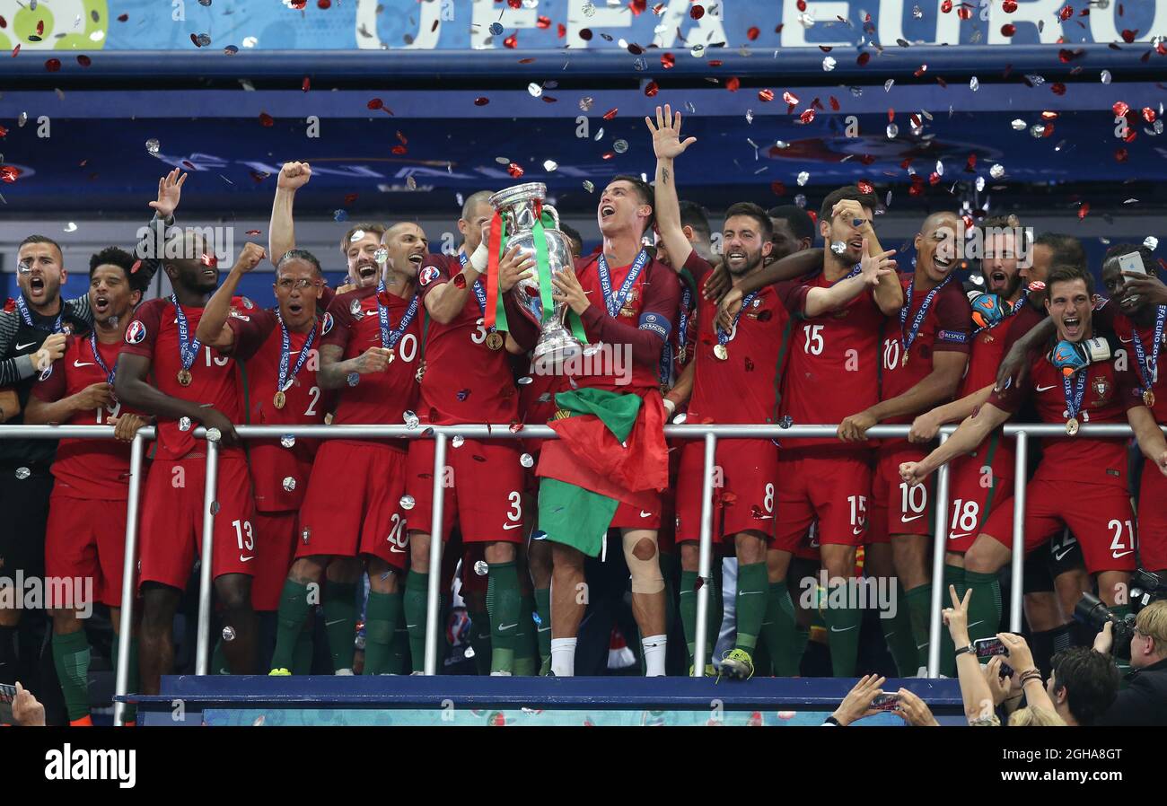 Cristiano Ronaldo of Portugal lifts the European Championship trophy ...