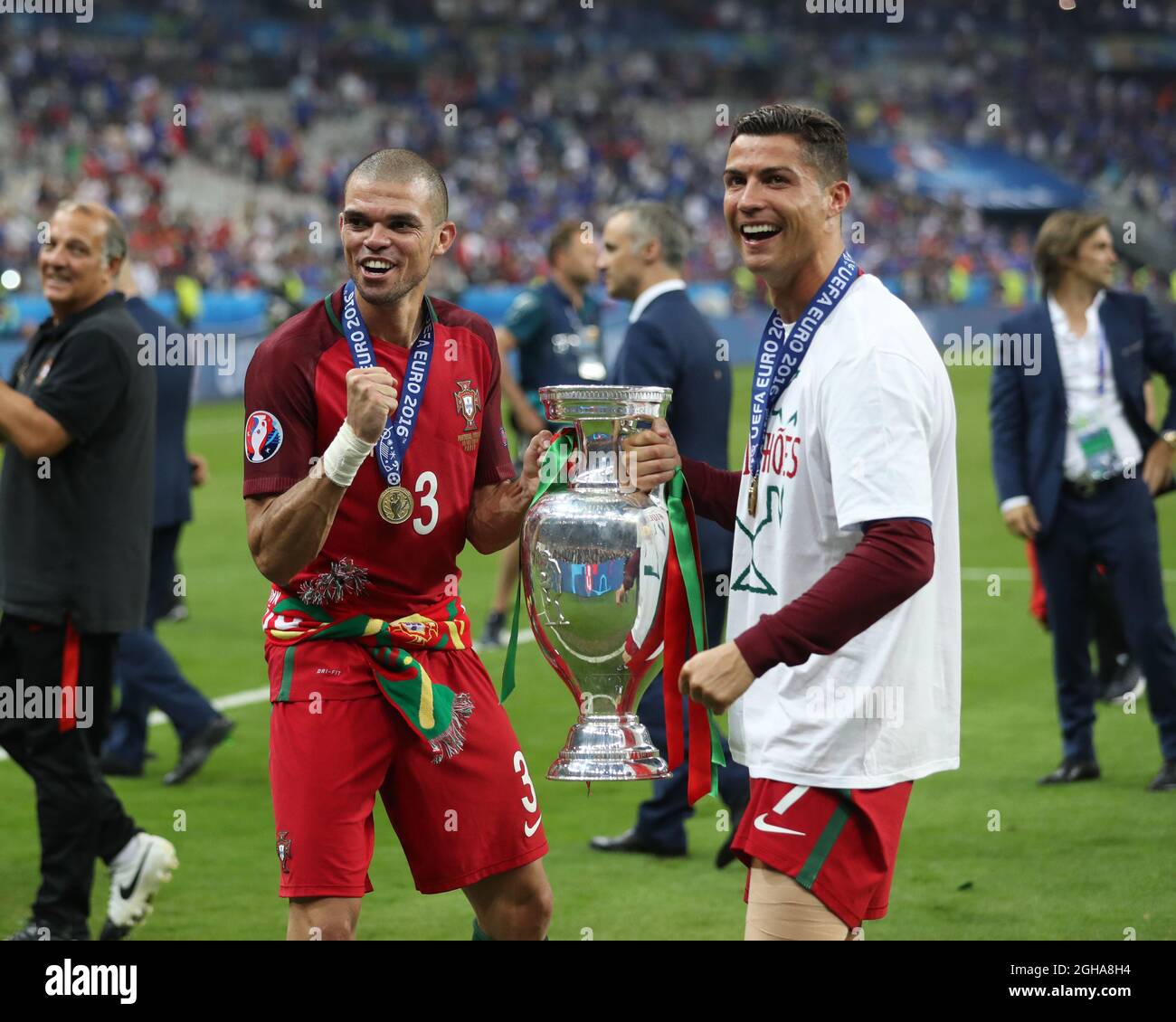 Pepe of Portugal and Cristiano Ronaldo of Portugal with the trophy ...