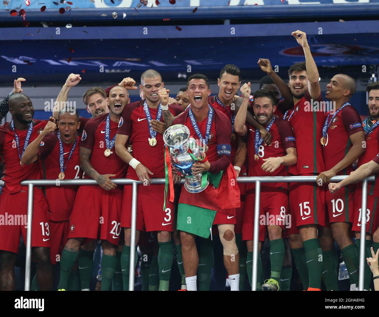 Cristiano Ronaldo of Portugal lifts the trophy during the UEFA European ...