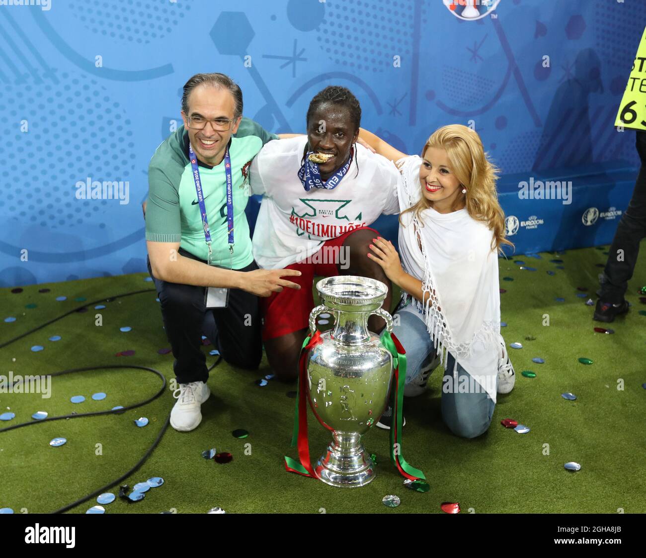 Winning goal scorer Eder of Portugal poses with the trophy during the ...