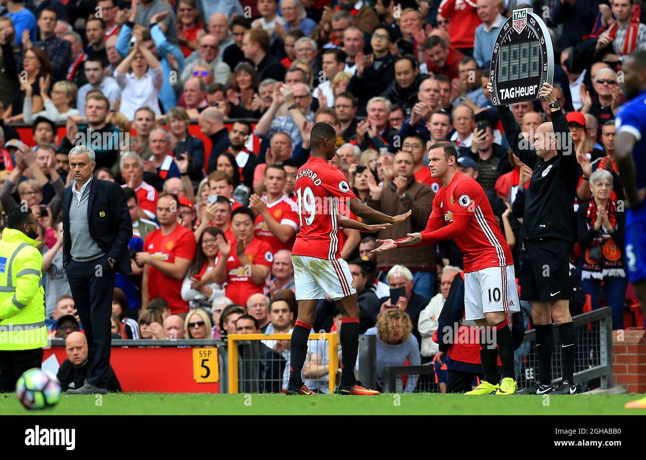 Marcus Rashford of Manchester United is replaced by Wayne Rooney during ...