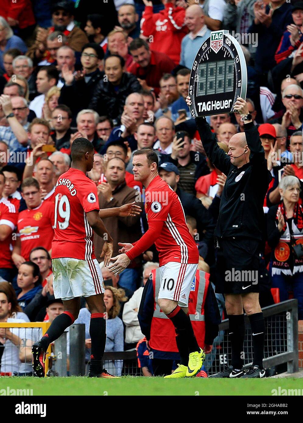 Marcus Rashford of Manchester United is replaced by Wayne Rooney during ...