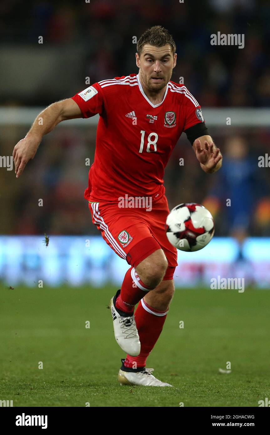 Sam Vokes of Wales during the World Cup Qualifier match at Cardiff City ...