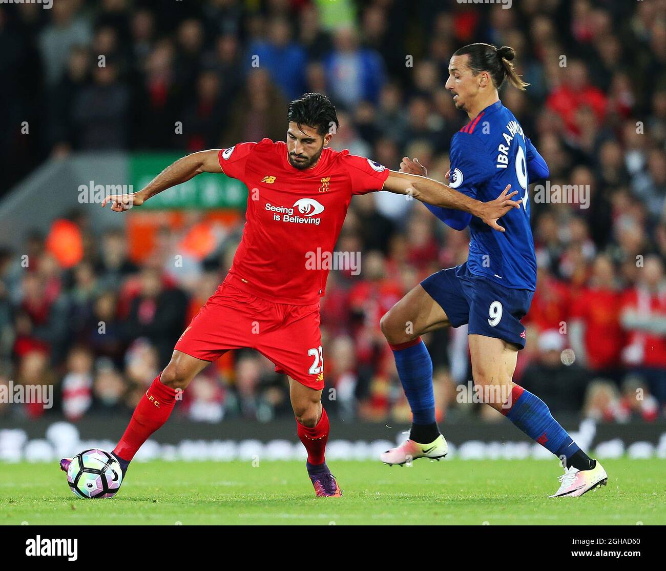Emre Can of Liverpool and Zlatan Ibrahimovic of Manchester United ...