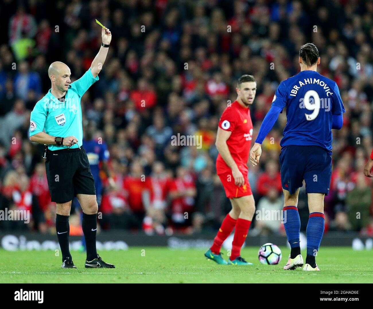 Zlatan Ibrahimovic of Manchester United receives a yellow card during ...