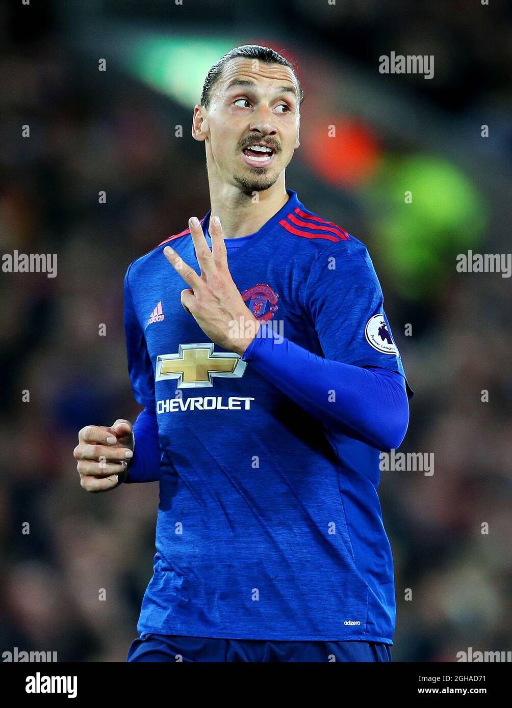 Zlatan Ibrahimovic of Manchester United gestures during the Premier ...