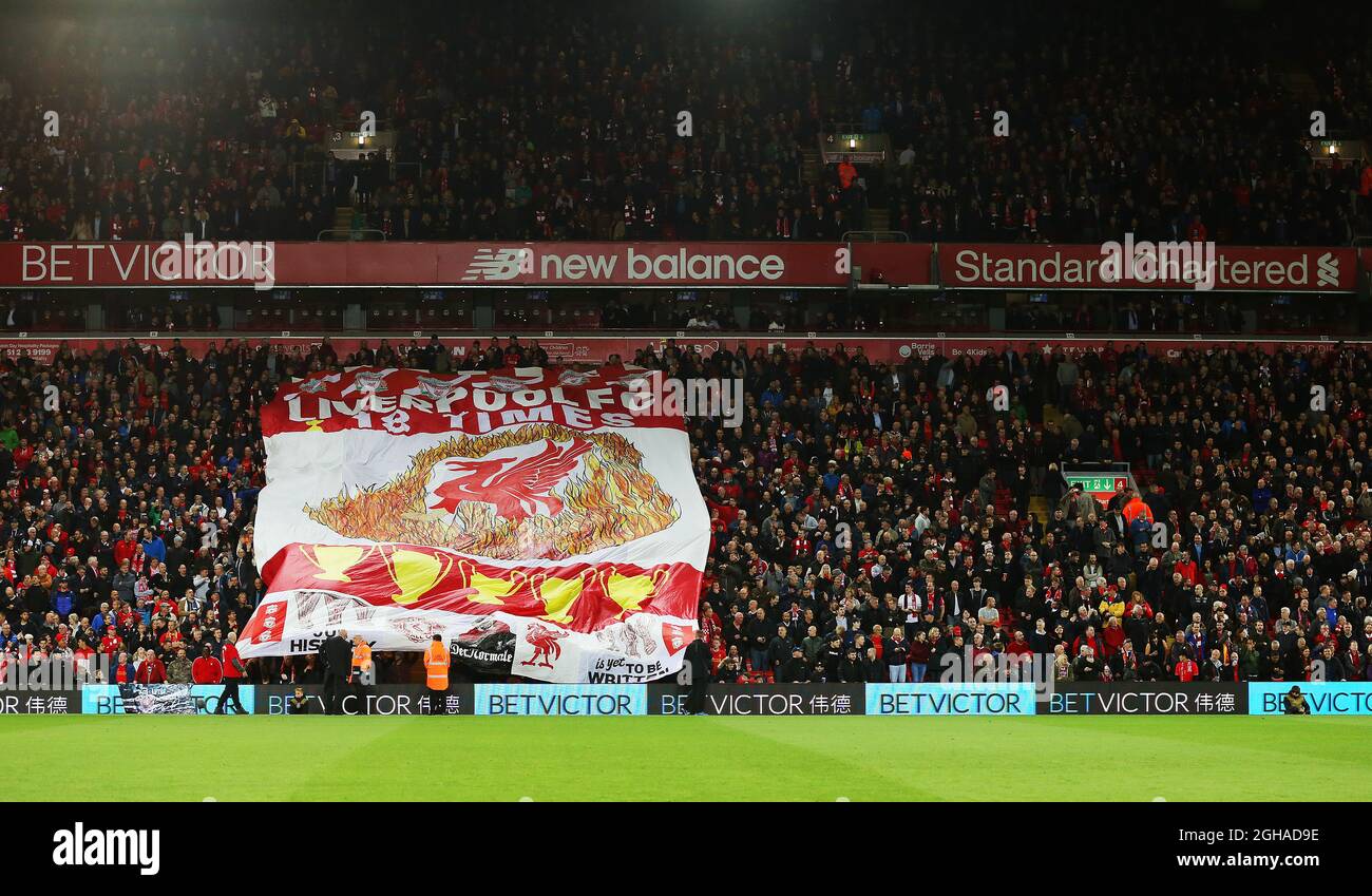 Liverpool fans hold up a banner during the Premier League match at ...