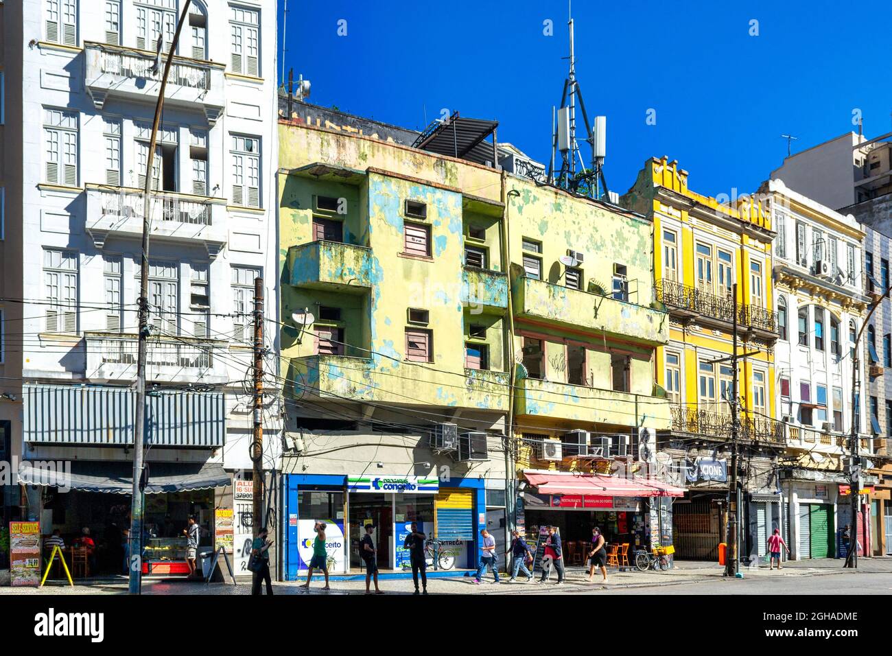Facade of old traditional buildings surrounding the Plaza Maua in Rio ...
