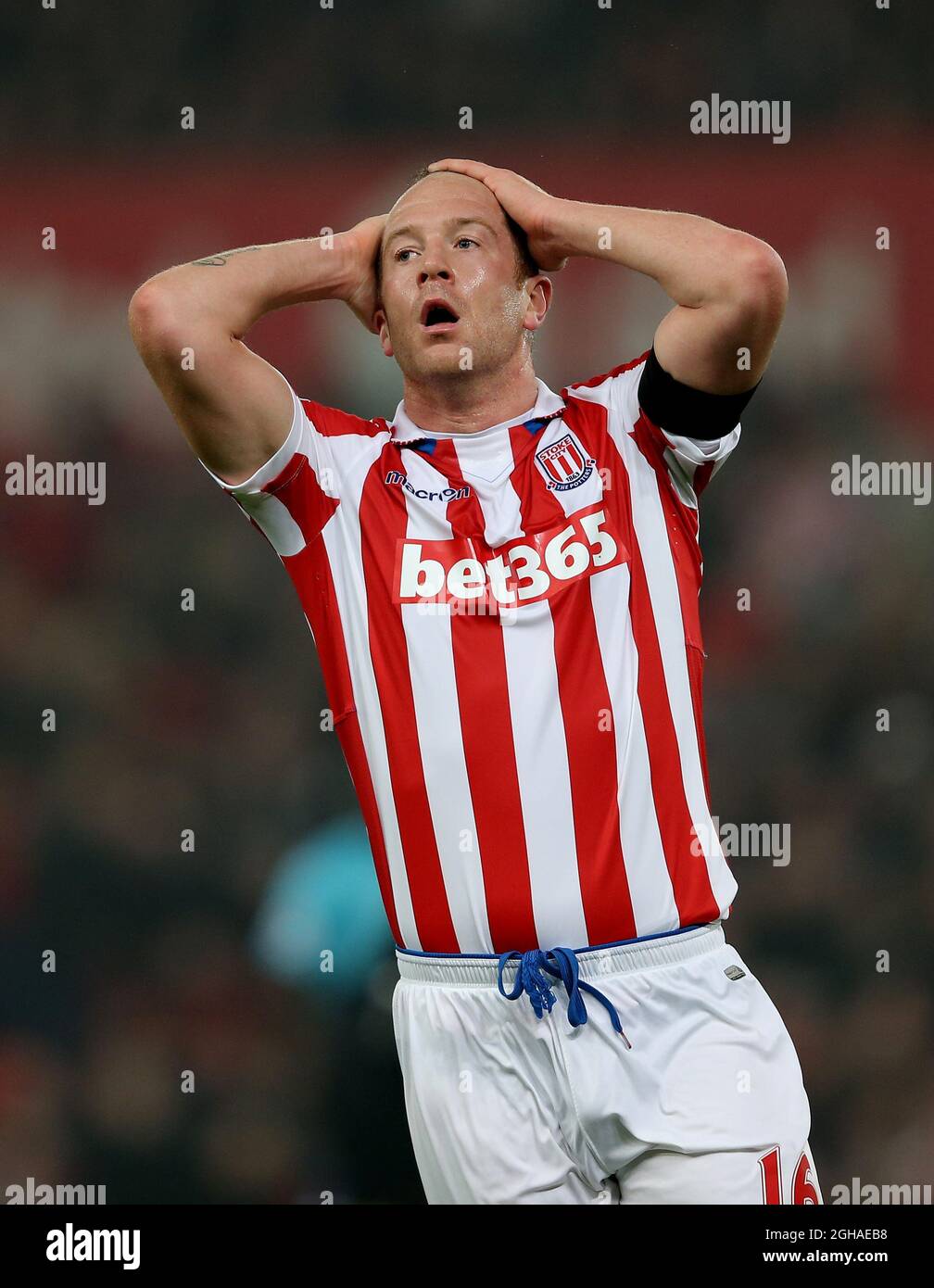 Charlie Adam of Stoke City reacts after hitting the post for the second ...