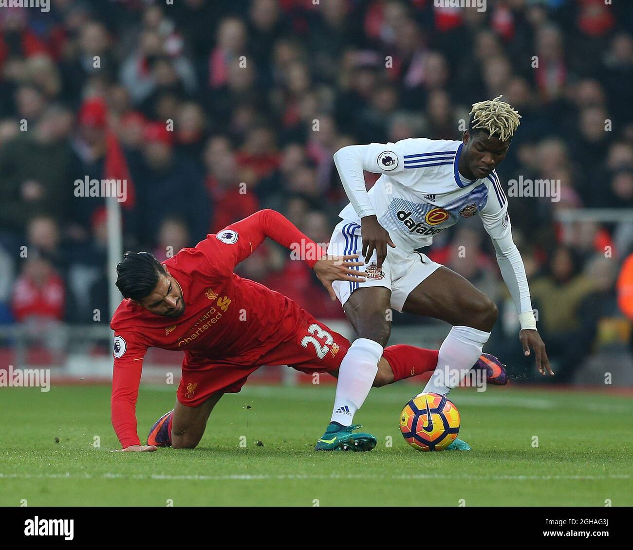 Didier Ndong of Sunderland tackled by Emre Can of Liverpool during the ...