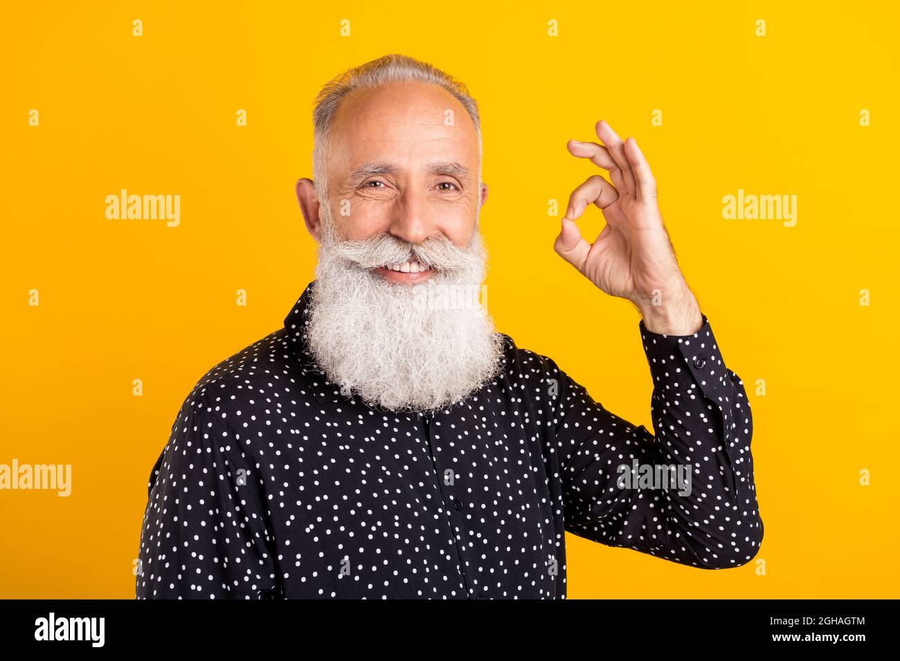 Photo of cheerful happy old man show okay sign good mood approval ...