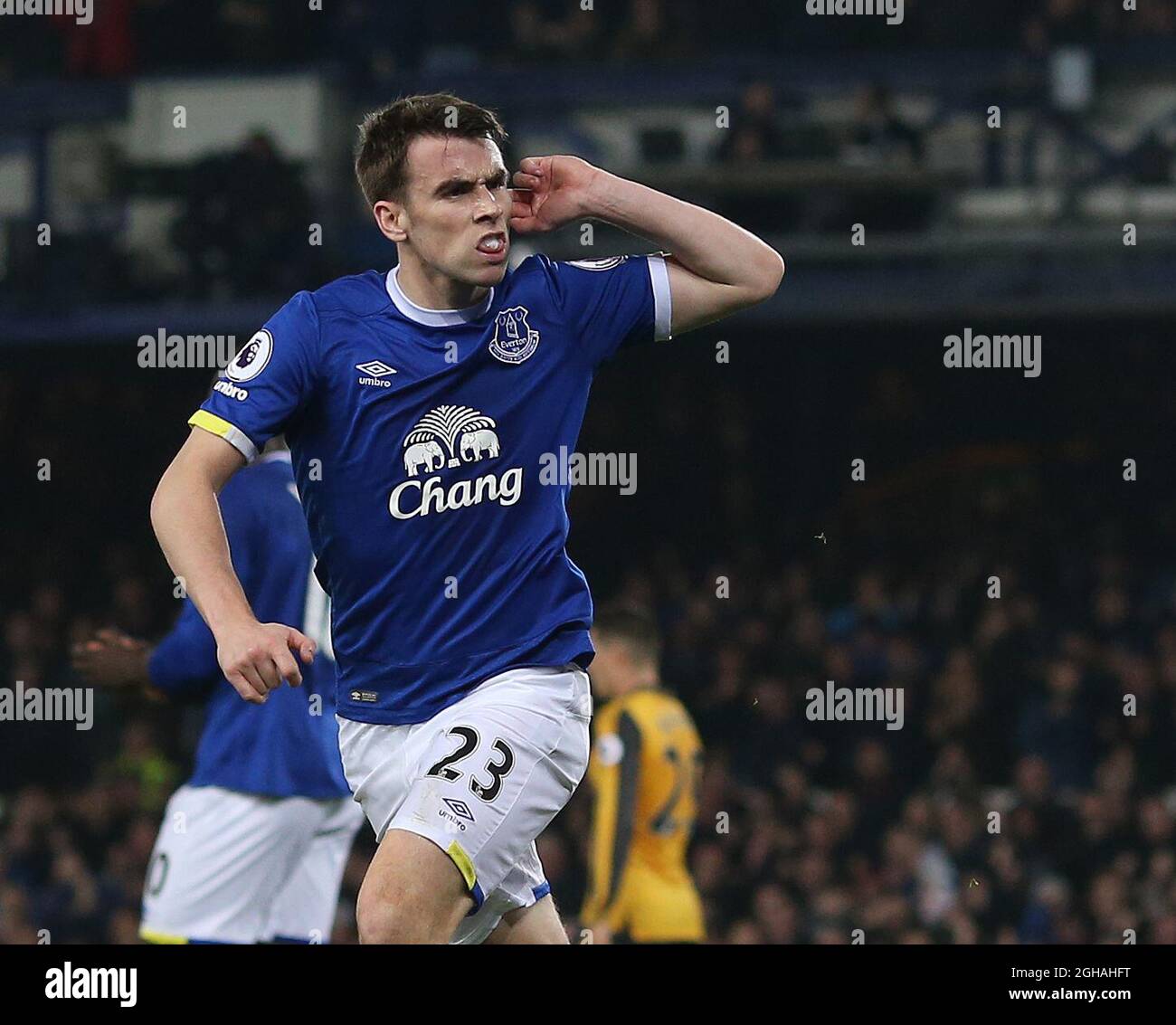 Seamus Coleman of Everton celebrates scoring the equalising goal during ...