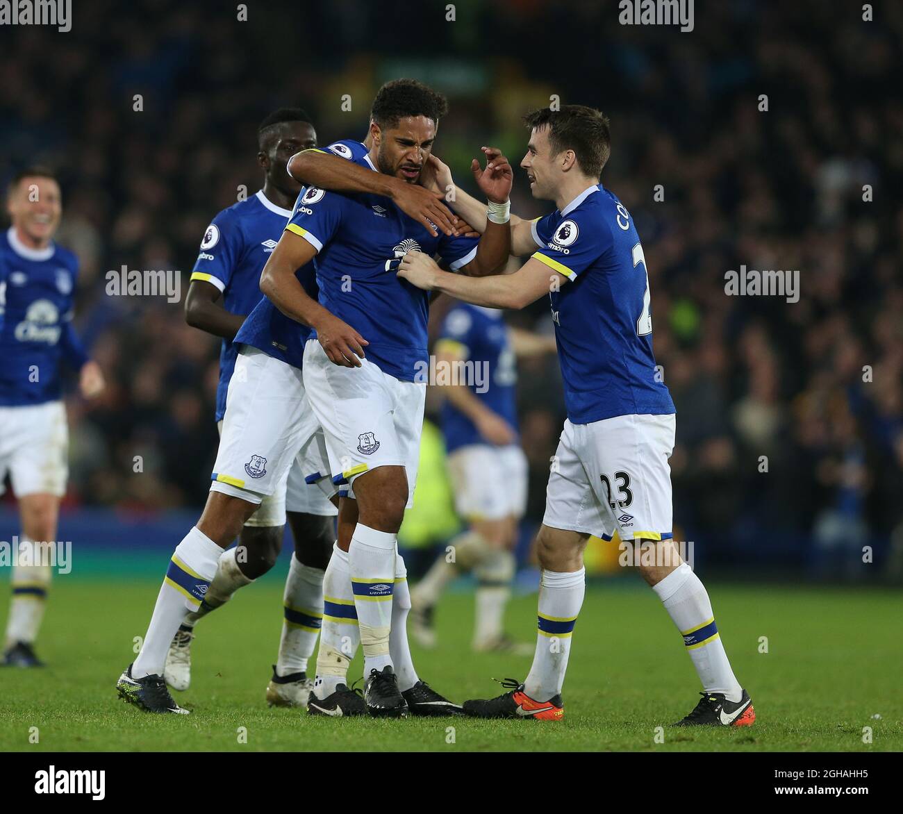 Ashley Williams of Everton celebrates scoring the winning goal during ...