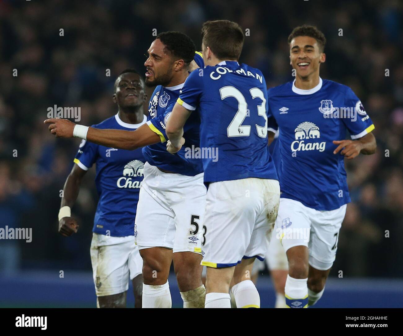 Ashley Williams of Everton celebrates scoring the winning goal during ...