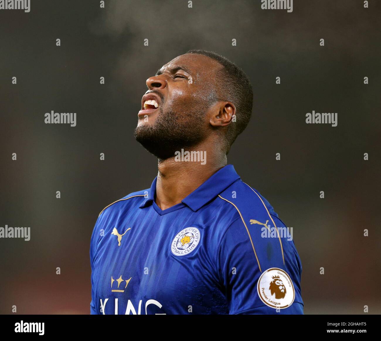 Wes Morgan of Leicester City shows signs of his efforts on the final ...