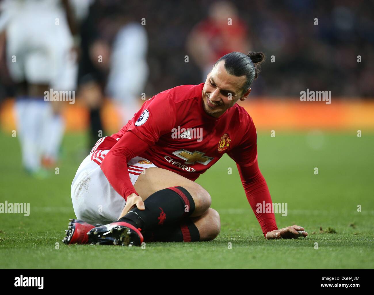 Manchester United's Zlatan Ibrahimovic hurts his leg during the Premier ...