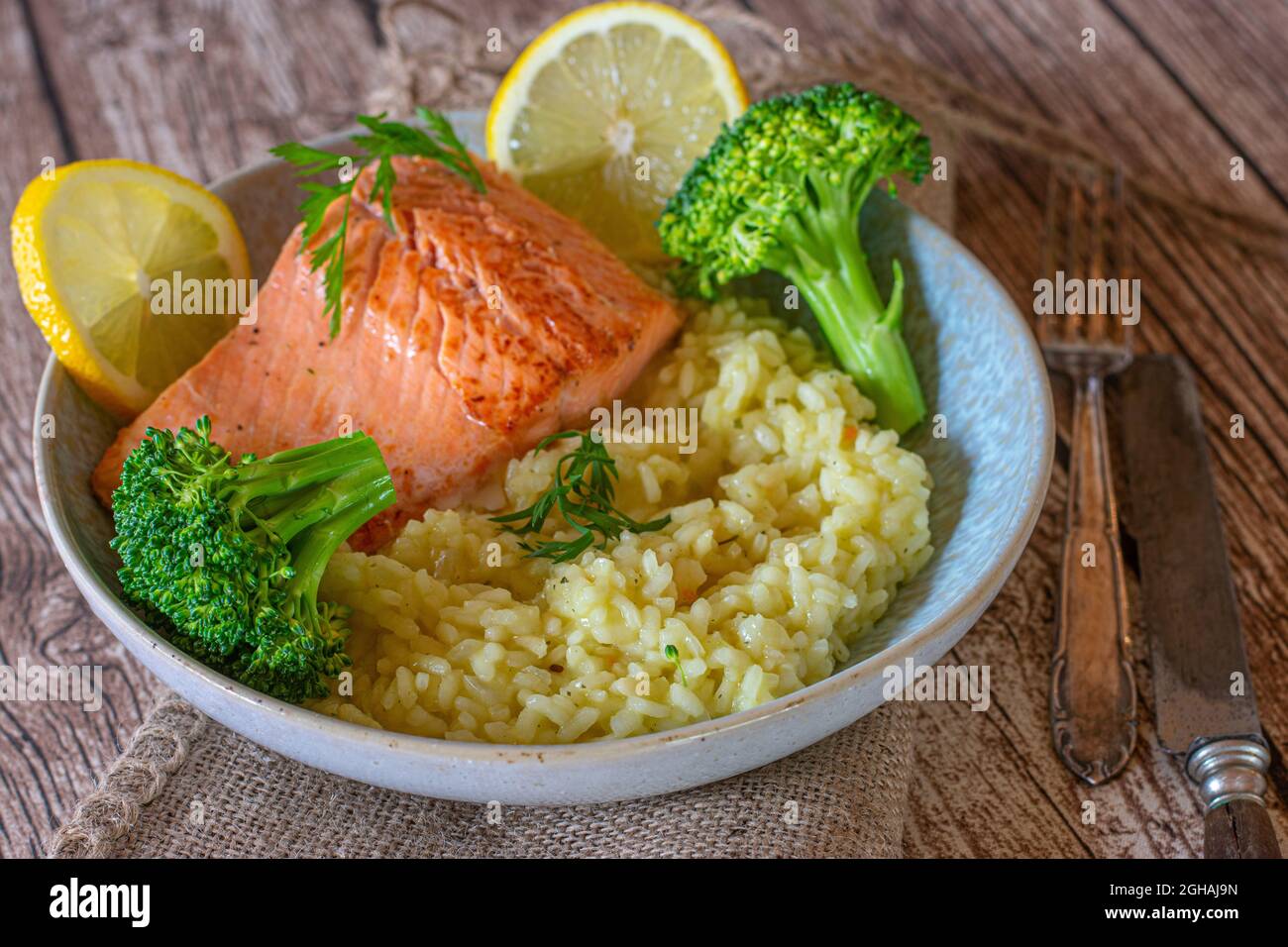 Dinner plate salmon rice broccoli hi-res stock photography and images ...