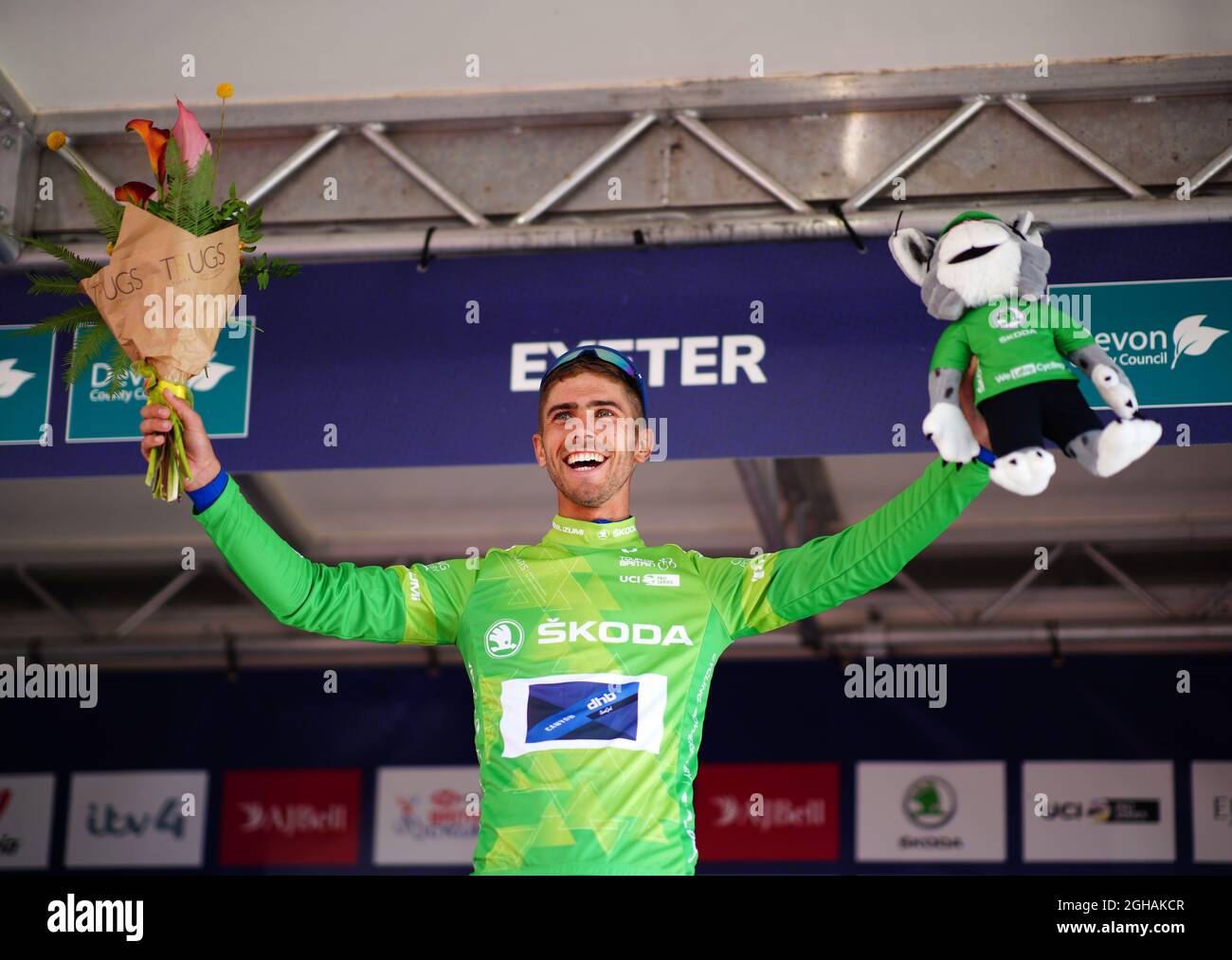 Skoda King of the Mountain Jacob Scott on the podium after stage two of ...