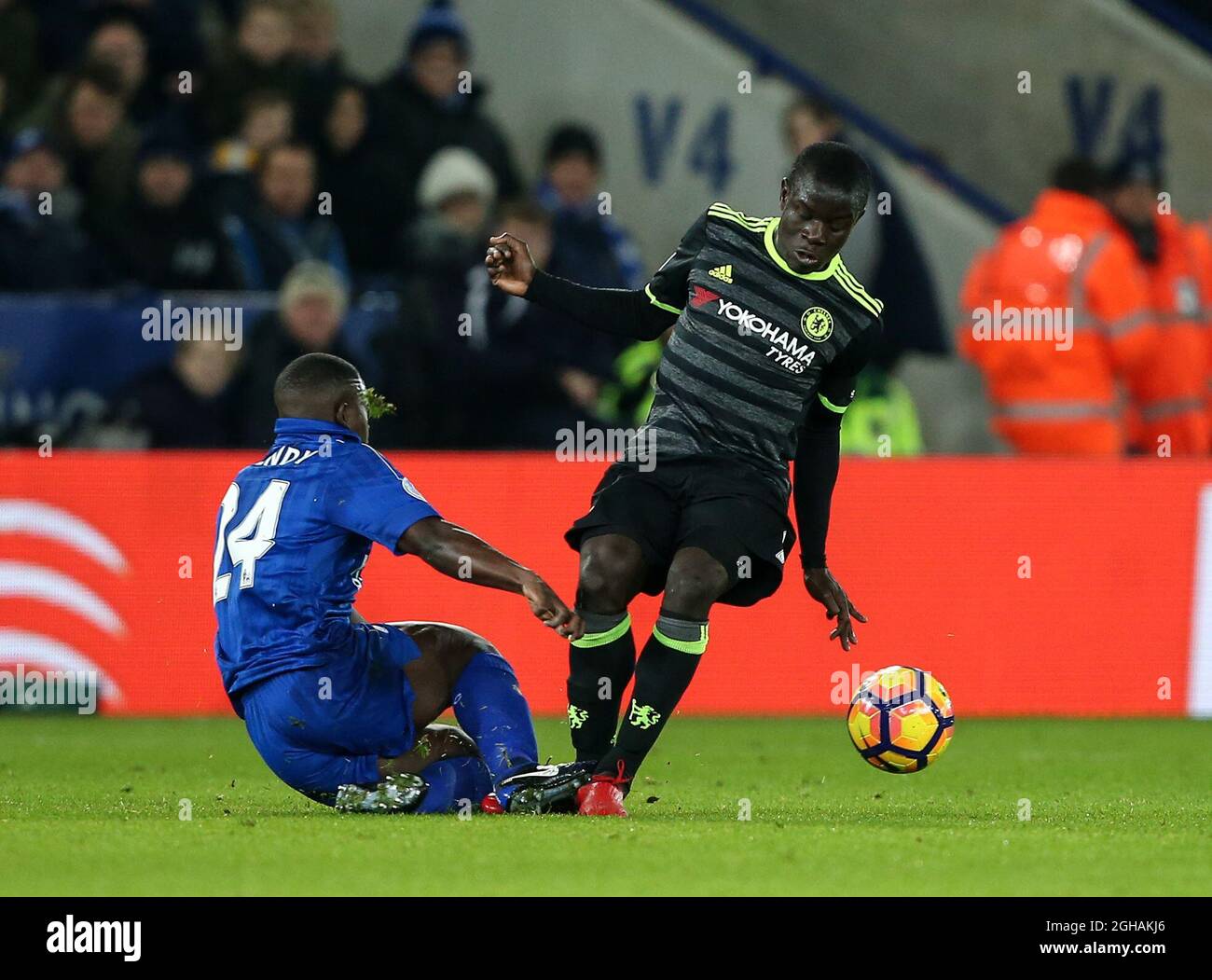 Leicester's Nampalys Mendy tussles with Chelsea's NÕGolo Kante during ...