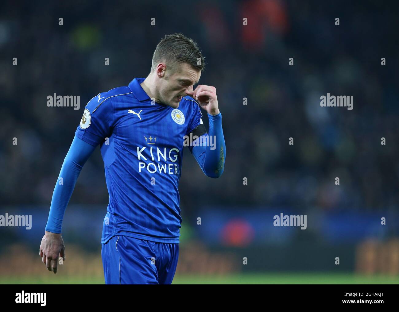 Leicester's Jamie Vardy looks on dejected during the Premier League ...