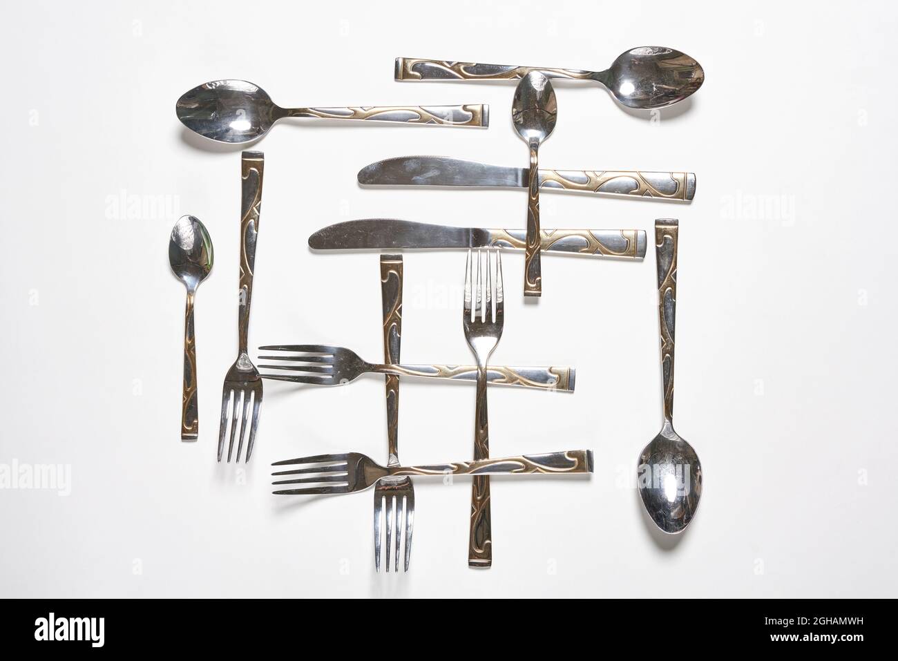 Restaurant eating items - Fork, spoon and knife on white background ...