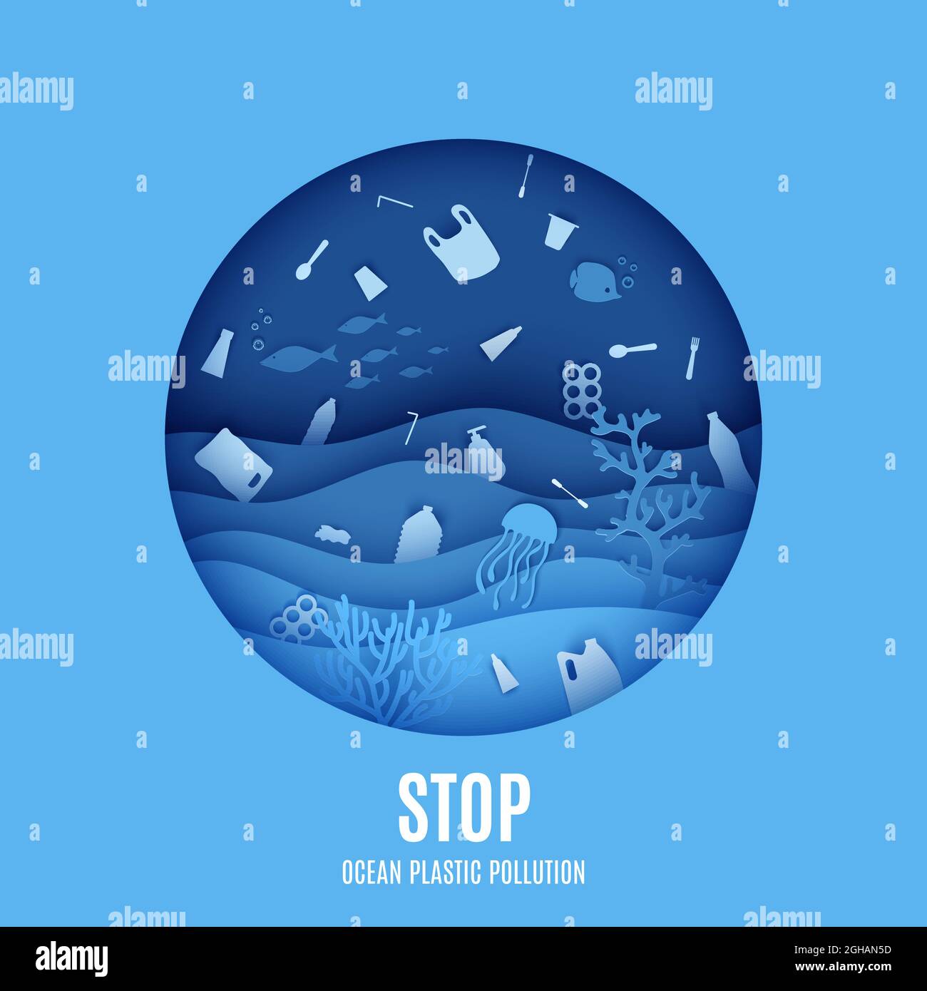 World Ocean Day, stop ocean plastic pollution banner. View of the ...