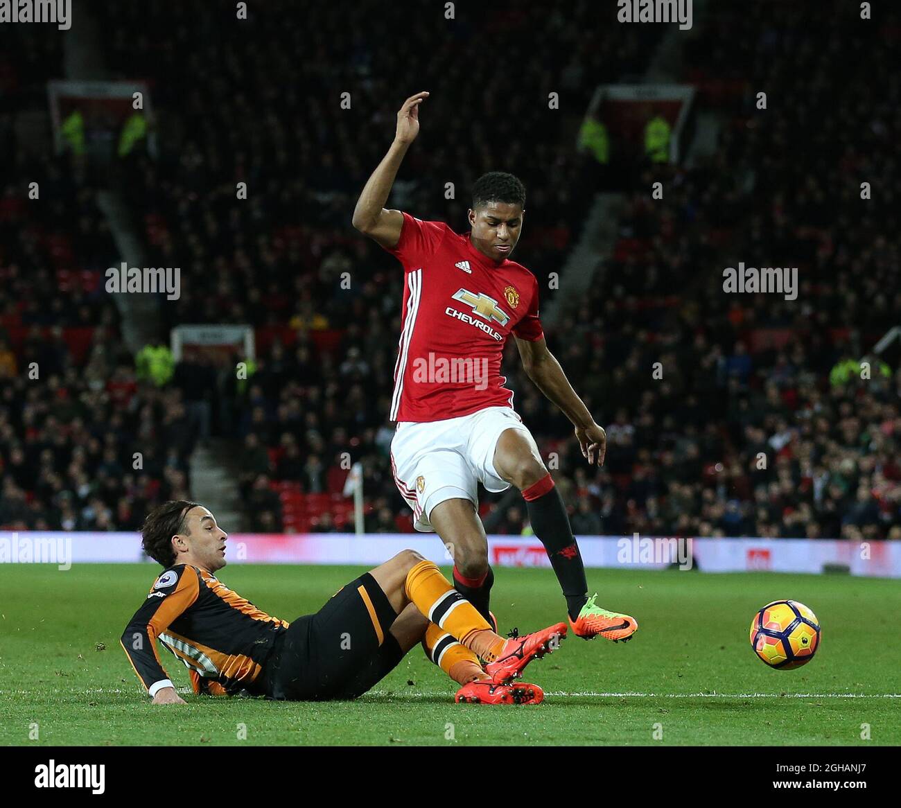 Lazar Markovic of Hull City tackles Marcus Rashford of Manchester ...