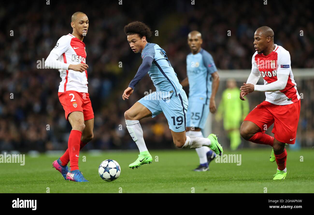 Leroy Sane of Manchester City gets past Fabinho and Kylian Mbappe of ...