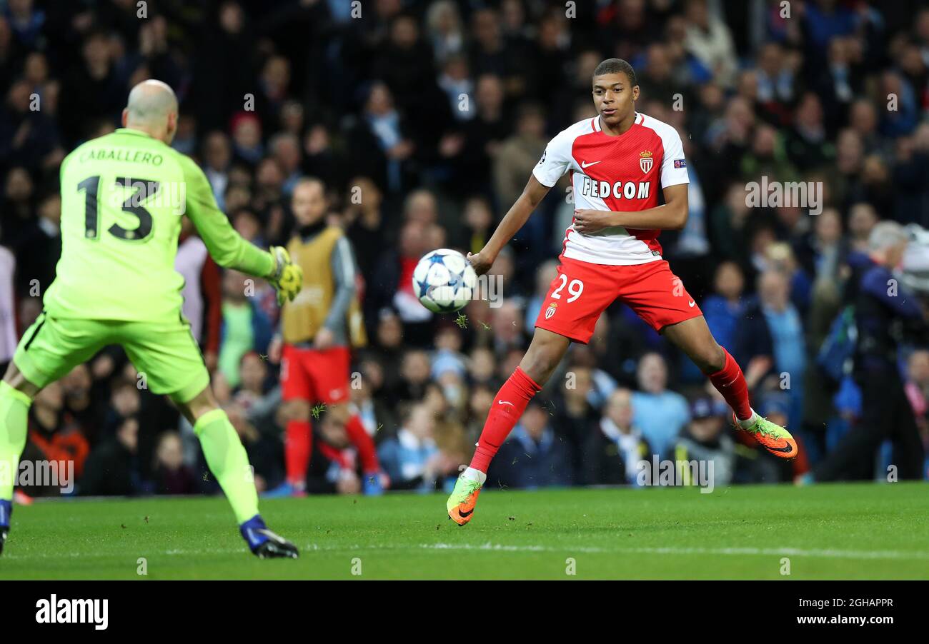 Kylian Mbappe of Monaco has a shot saved by Willy Caballero of ...
