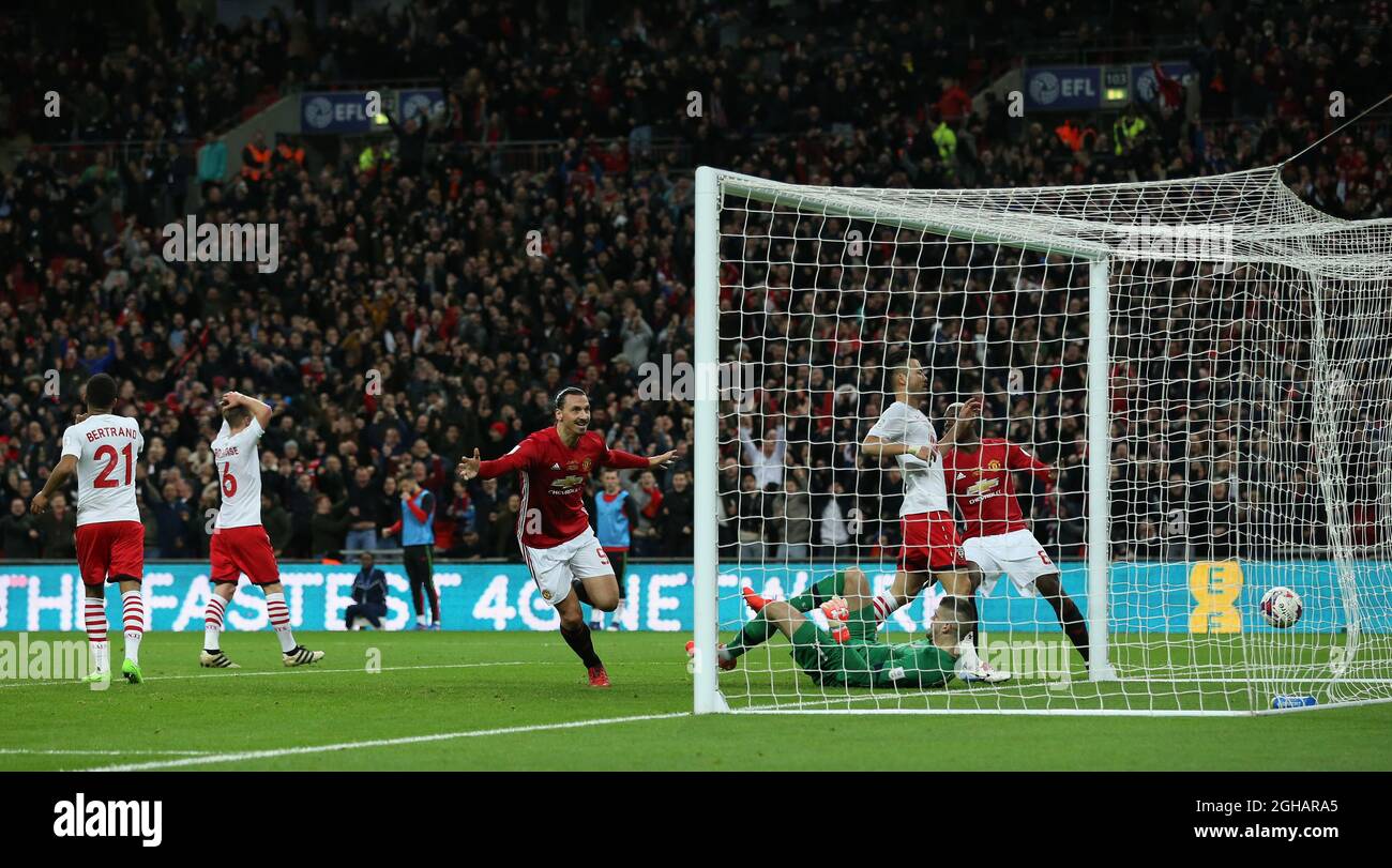 Zlatan Ibrahimovic of Manchester United turns to celebrate scoring the ...