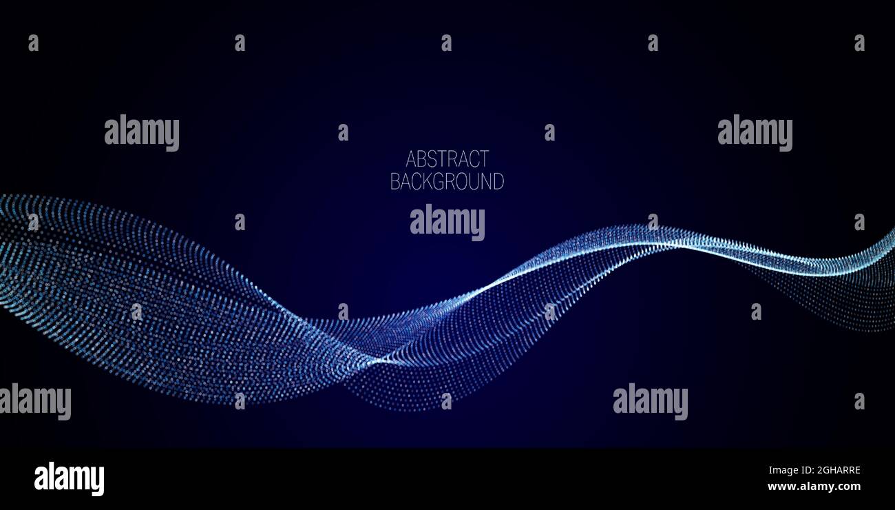 Wave array of shining dots. Wave of dynamic particles flows through the ...