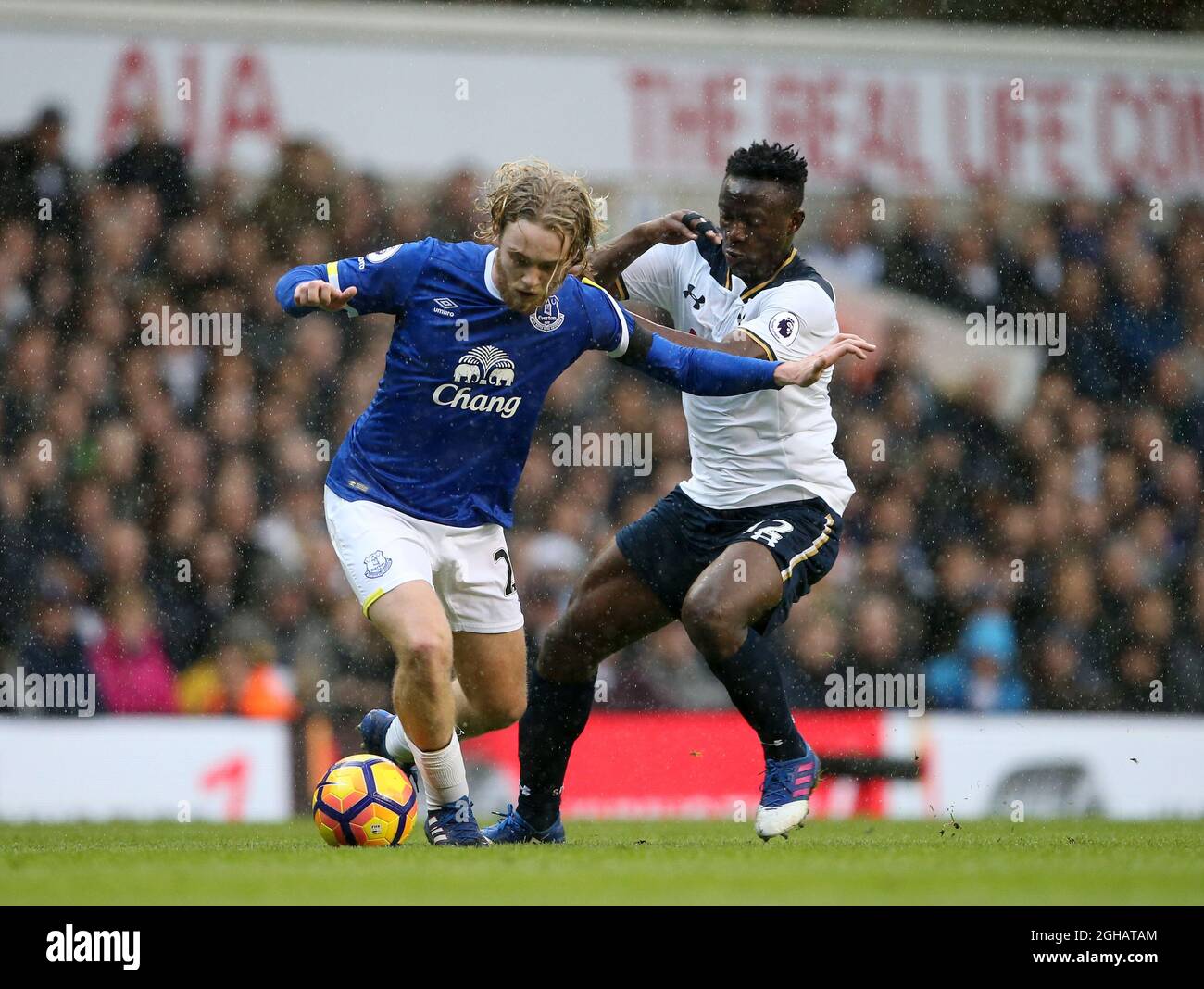 Tottenham's Victor Wanyama tussles with Everton's Tom Davies during the ...