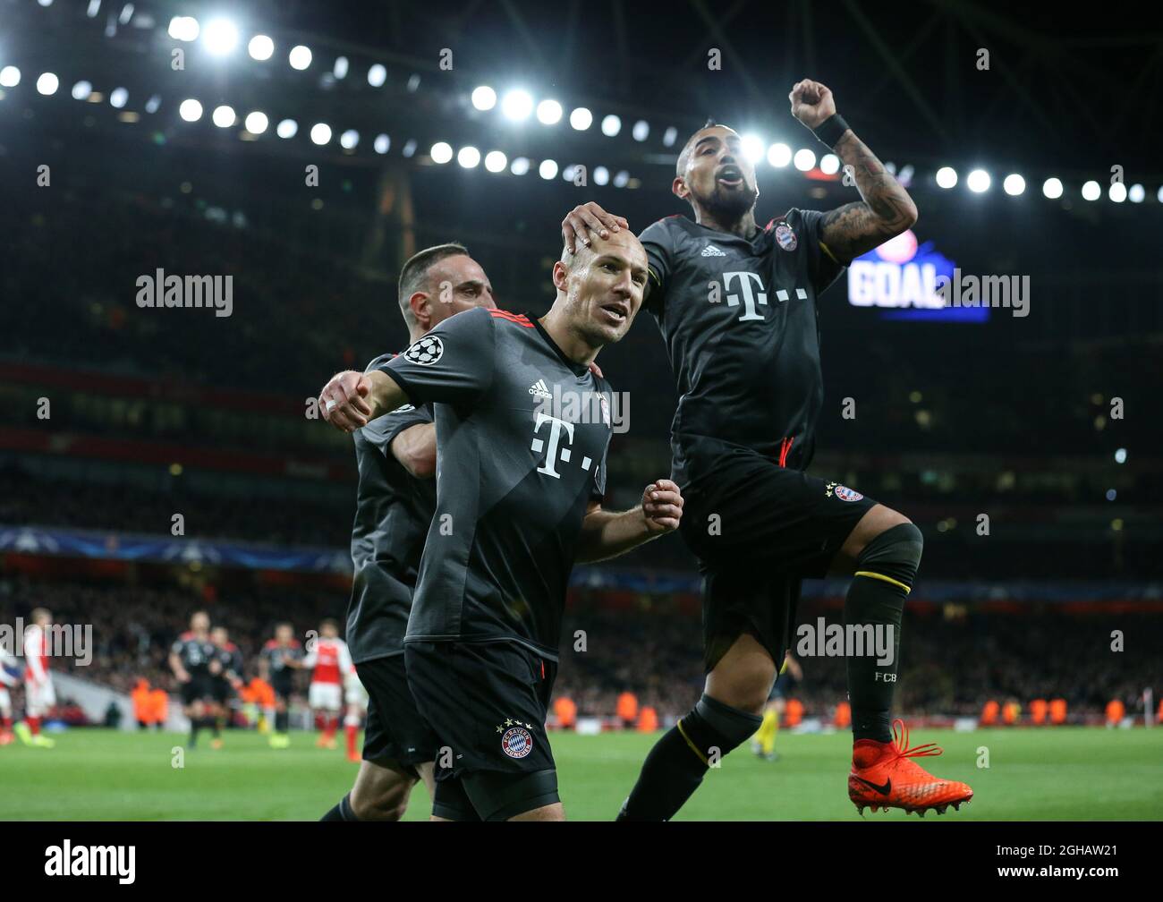 Munich's Arjen Robben celebrates scoring his sides second goal during ...