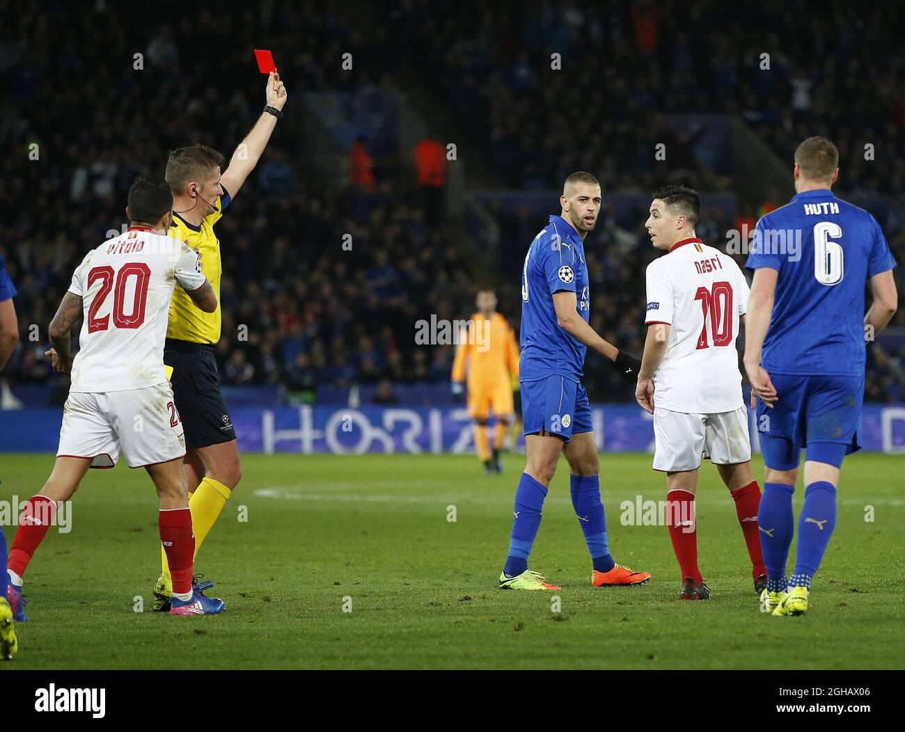 Samir Nasri of Sevilla is shown the red card during the UEFA Champions ...