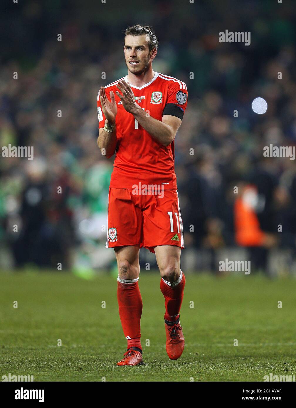 Gareth Bale of Wales applauds the fans during the Group D World Cup Qualifier at the Aviva ...