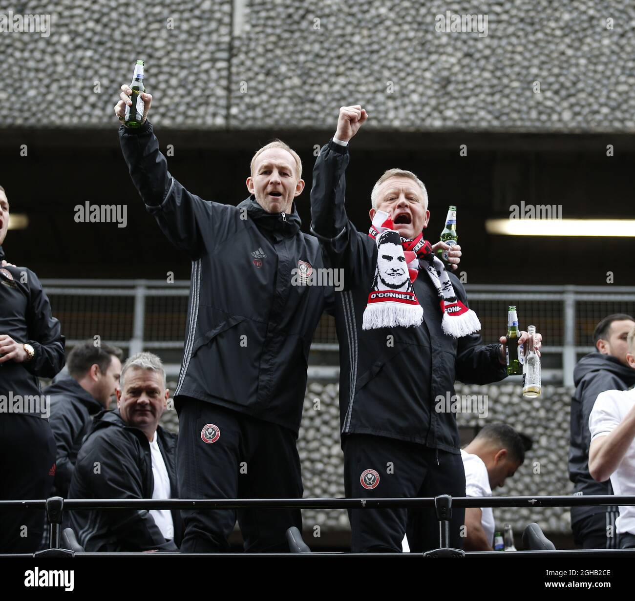 Alan Knill and Chris Wilder during the open top bus parade from Bramall ...