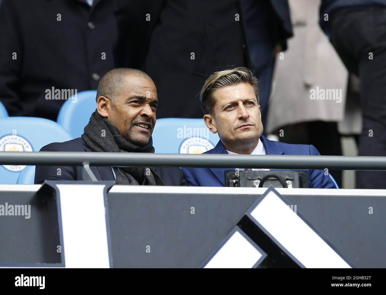 Former player Mark Bright with Crystal Palace owner Steve Parish during ...