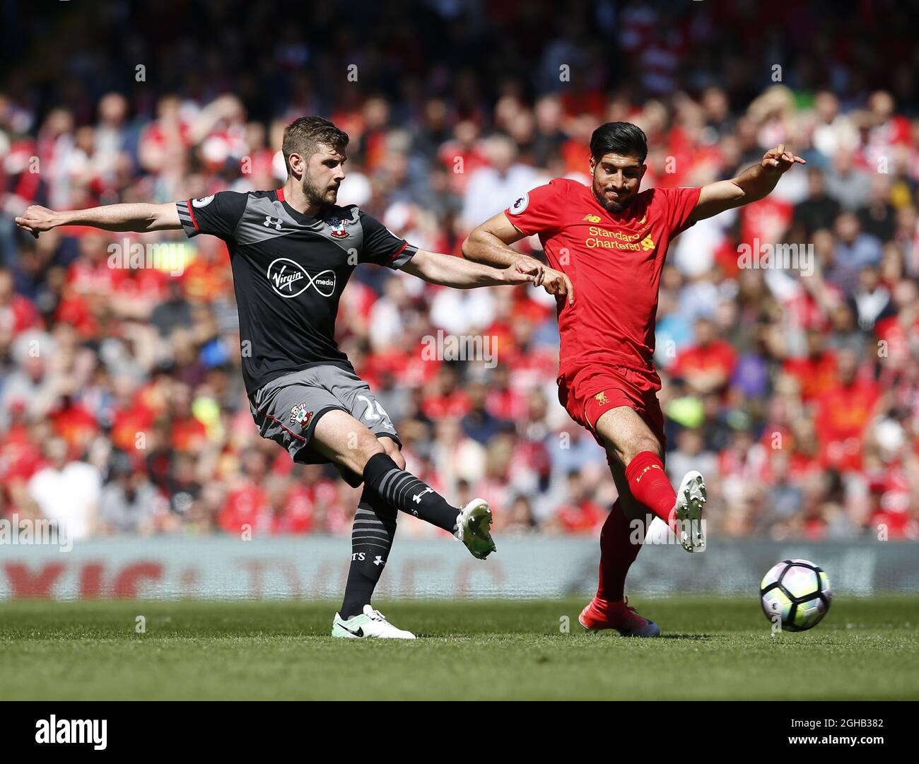 Jack Stephens of Southampton in action with Emre Can of Liverpool ...
